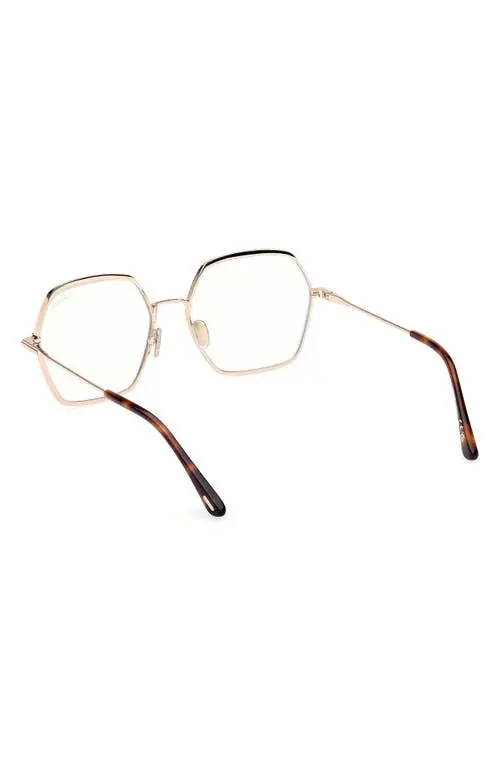 TOM FORD 56mm Geometric Optical Glasses - Rose Gold/ Blue Block Lenses