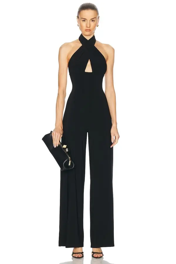 Norma Kamali Cross Halter Straight Leg Jumpsuit - Black
