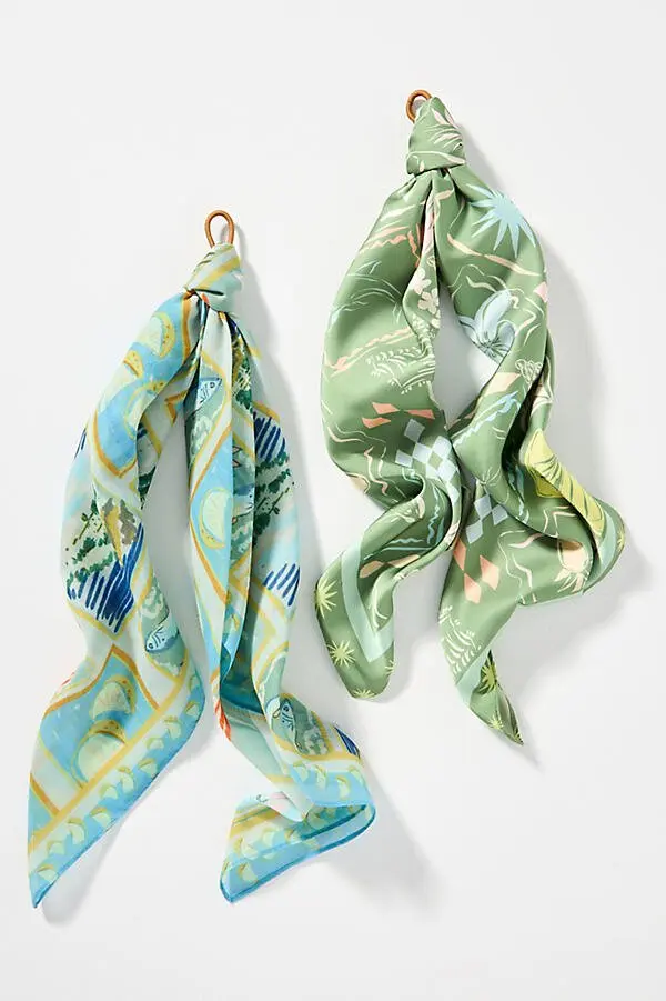 Anthropologie Bright Icon Hair Scarves, Set Of 2 - Lt Blue/sage Umbrellas