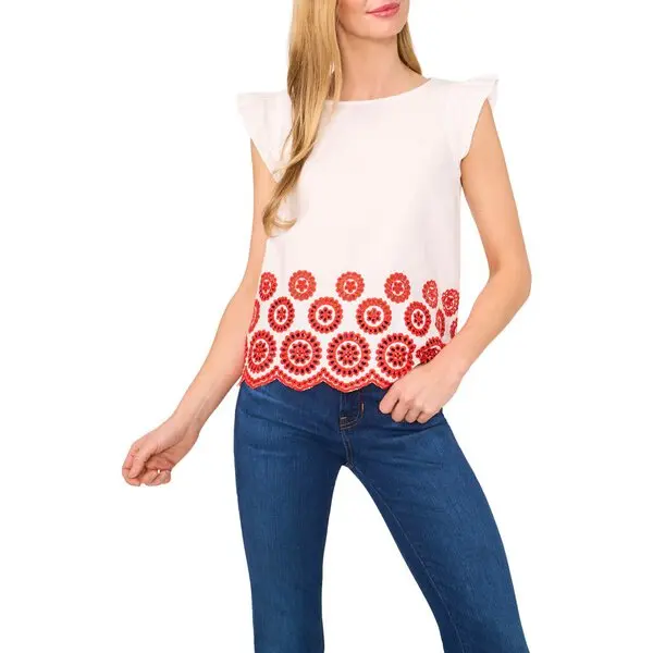 CECE DUPRAZ Embroidered Eyelet Ruffle Shoulder Cotton Top
