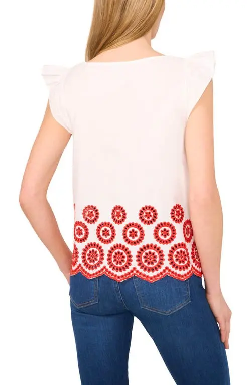 CECE DUPRAZ Embroidered Eyelet Ruffle Shoulder Cotton Top