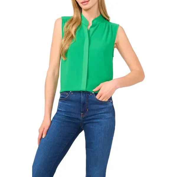 CECE DUPRAZ Sleeveless Mandarin Collar Button-up Shirt - Medium Green