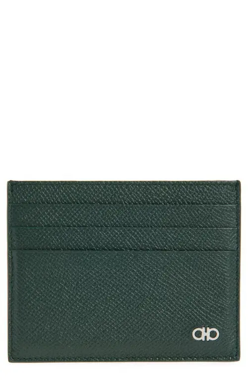FERRAGAMO Double Gancio Calfskin Leather Card Case - Moss