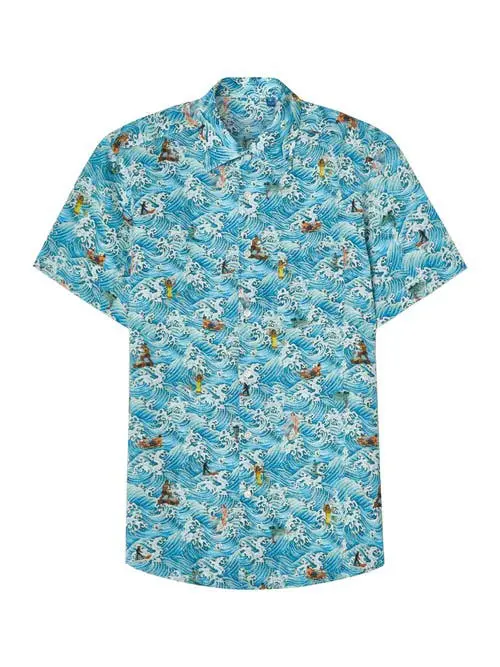 Robert Talbott Morgan Surf Printed Linen Short Sleeve Shirt - Blue Waves