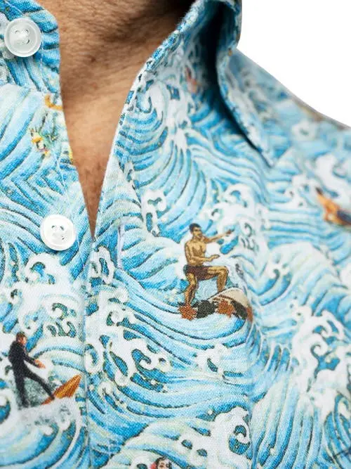 Robert Talbott Morgan Surf Printed Linen Short Sleeve Shirt - Blue Waves