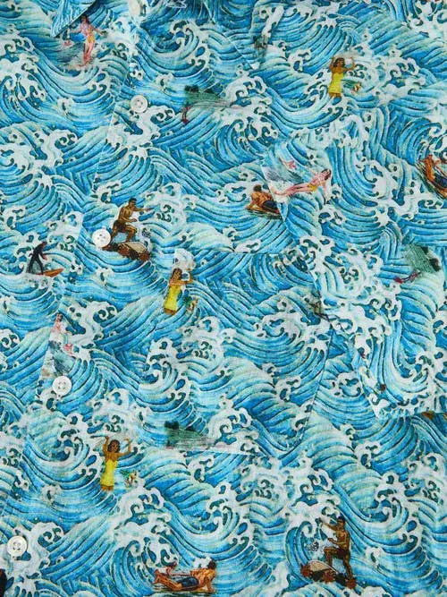 Robert Talbott Morgan Surf Printed Linen Short Sleeve Shirt - Blue Waves