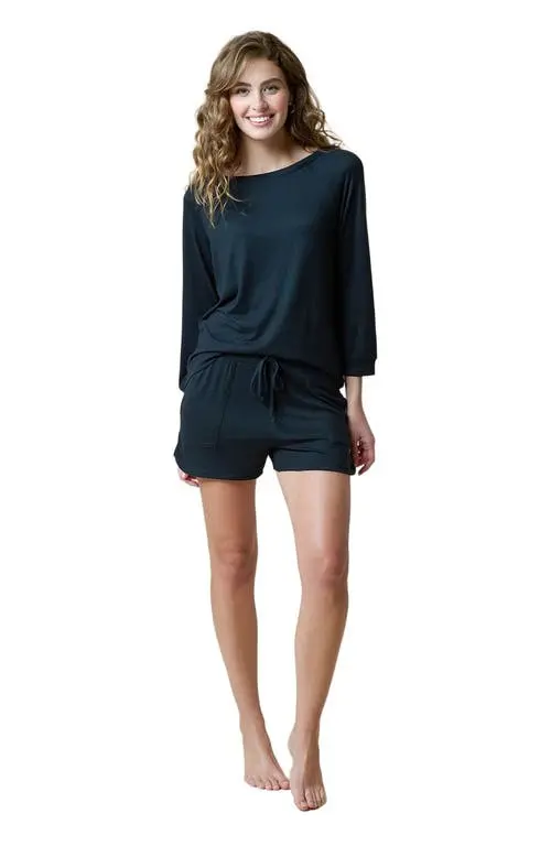 SOFTIES Dream 3/4 Sleeve Boatneck Top With Shorts Set - Black