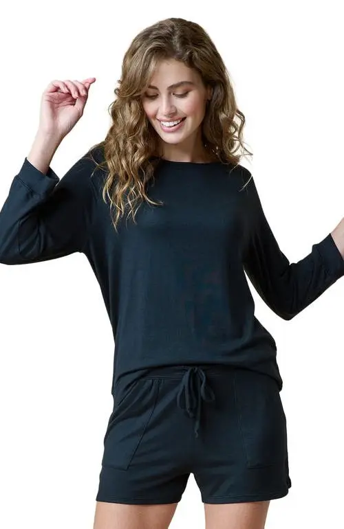SOFTIES Dream 3/4 Sleeve Boatneck Top With Shorts Set - Black