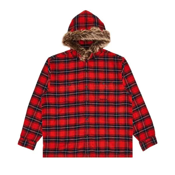 Supreme Fur Trim Flannel Hooded Shirt - Red