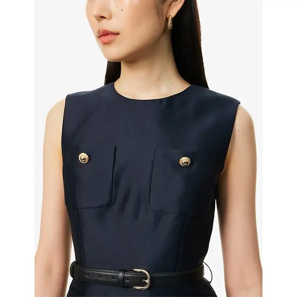 self portrait pleated woven midi dress Self-Portrait Contrast-Pleated Skirt Woven Midi Dress In Black - 41% Off