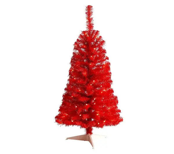 NEARLY NATURAL 3' Red Christmas Tree With 50 Le D Lights - One-color