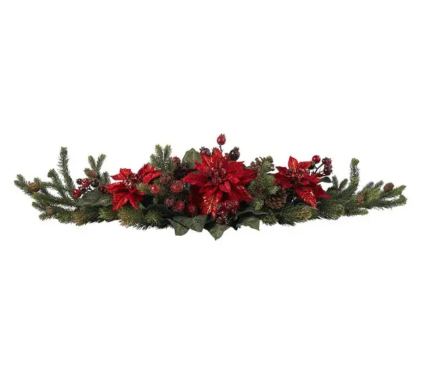 NEARLY NATURAL Poinsettia & Berry Centerpiece - One-color