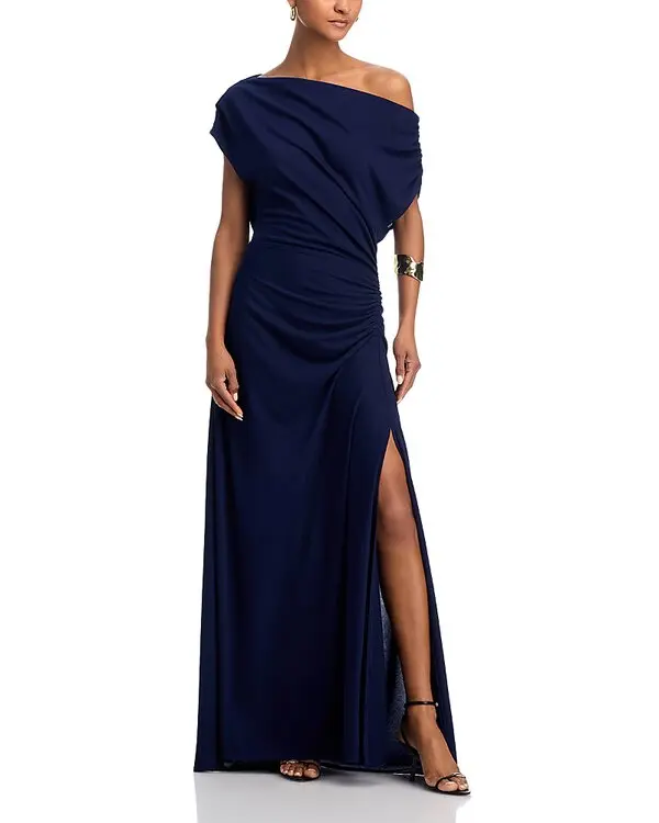 Aqua Off-the-shoulder Ruched Jersey Gown - Navy
