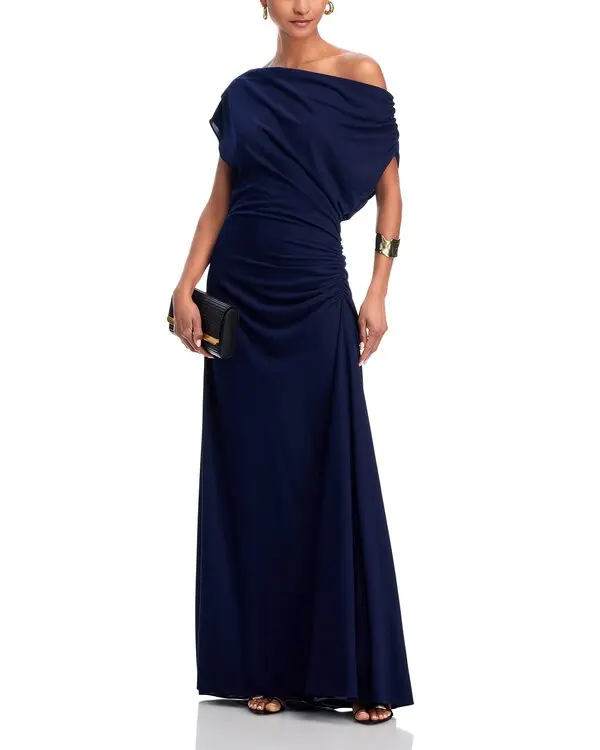 Aqua Off-the-shoulder Ruched Jersey Gown - Navy
