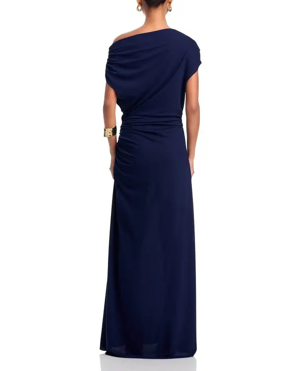 Aqua Off-the-shoulder Ruched Jersey Gown - Navy