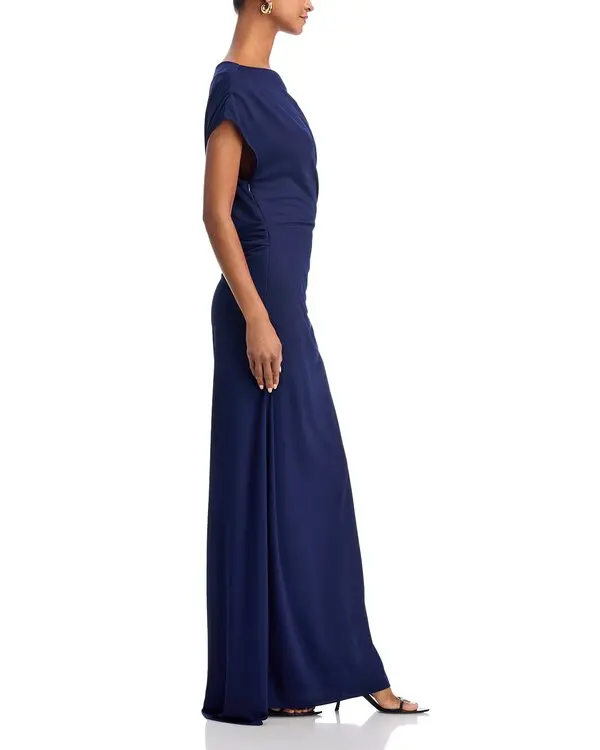 Aqua Off-the-shoulder Ruched Jersey Gown - Navy