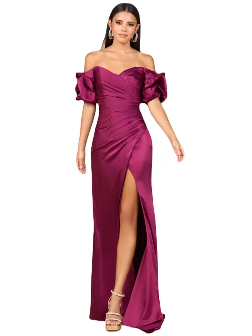 LARA NEW YORK Off-the-shoulder Satin Dress With Slit - Wine