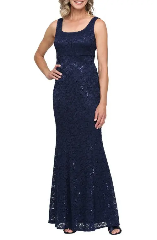 SL FASHIONS Sequin Lace A-line Gown With Jacket - Navy
