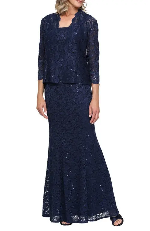 SL FASHIONS Sequin Lace A-line Gown With Jacket - Navy