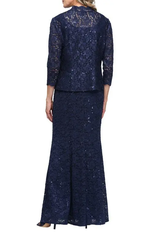 SL FASHIONS Sequin Lace A-line Gown With Jacket - Navy