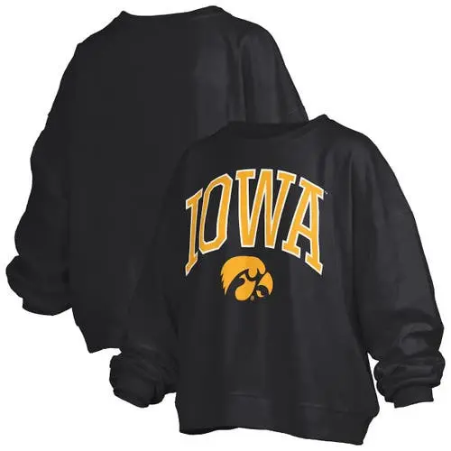 PRESSBOX Iowa Hawkeyes Janise Arch Over Logo Waist Length Oversized Pullover Sweatshirt - Black