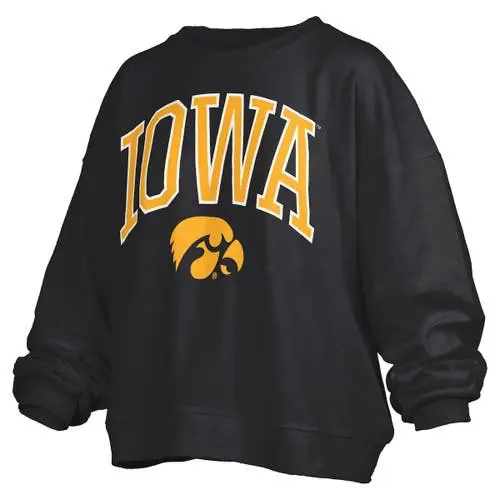 PRESSBOX Iowa Hawkeyes Janise Arch Over Logo Waist Length Oversized Pullover Sweatshirt - Black