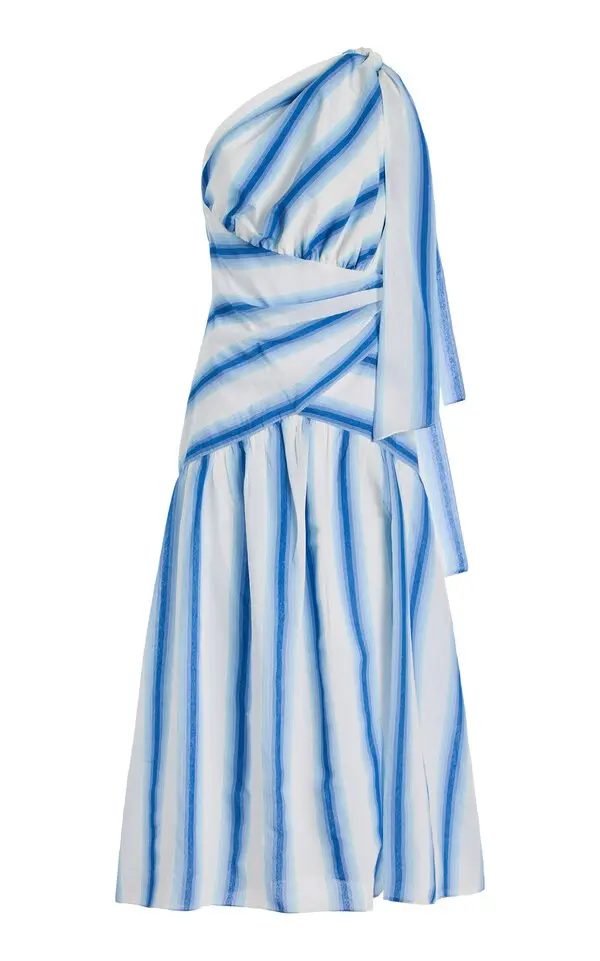 Rosie Assoulin Accordion One-shoulder Striped-poplin Maxi Dress - Blue