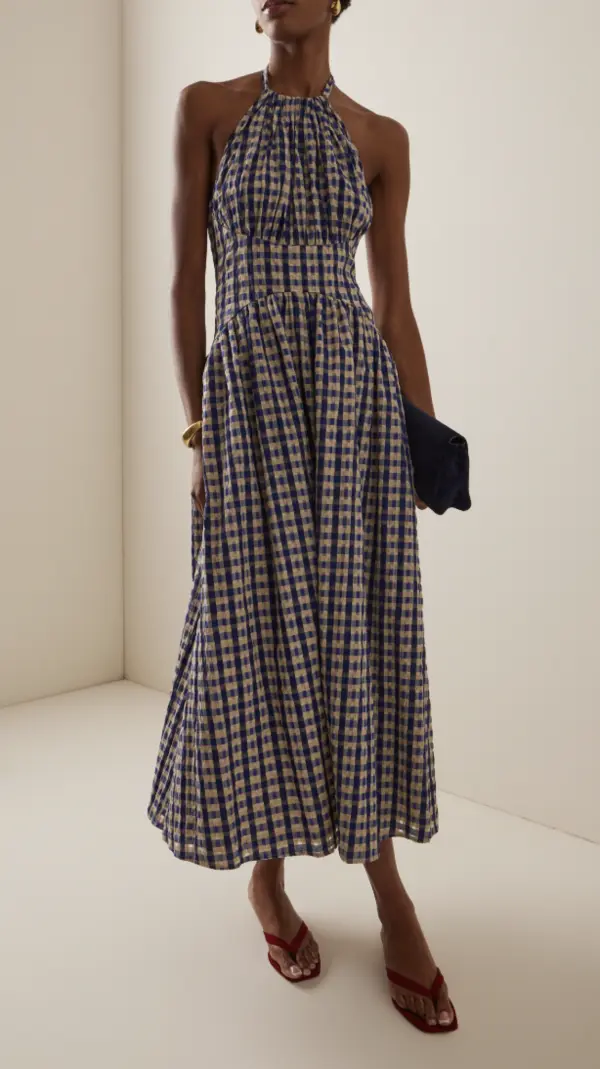 Rosie Assoulin Halt In The Name Of Love Checked-seersucker Midi Dress - Plaid