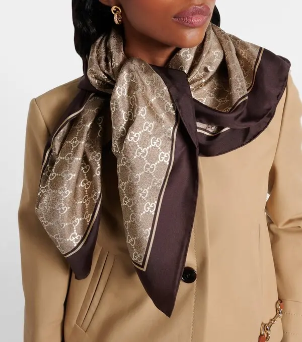Gucci Gg Silk Twill Scarf - Brown