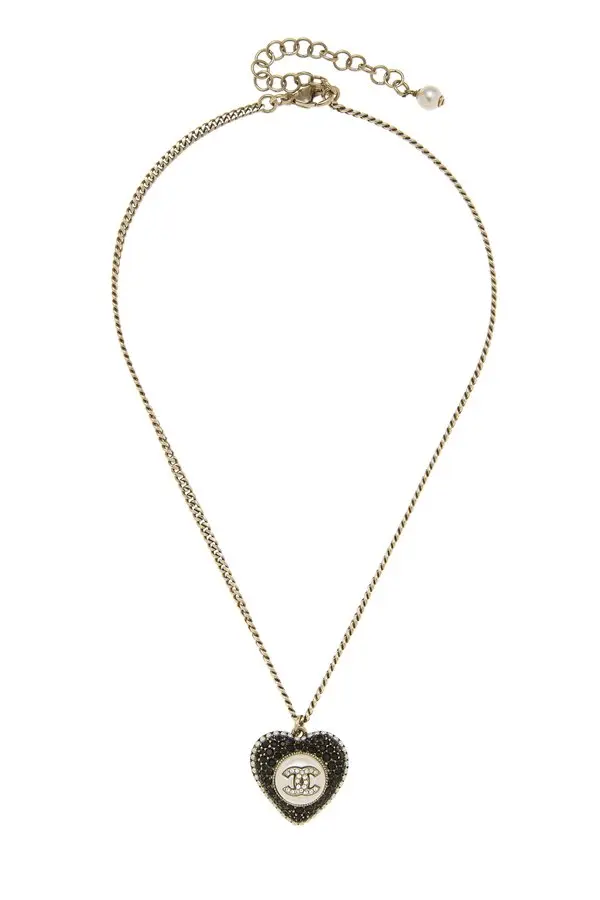 Chanel Tone Crystal 'cc' Heart Pendant Necklace - Black