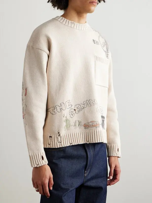 Kapital Distressed Printed Cotton Sweater - Neutrals