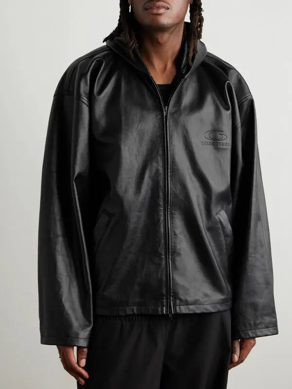 Balenciaga Oversized Logo-debossed Leather Hooded Jacket