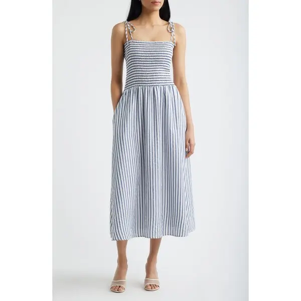 Julia Jordan Tie Shoulder Smocked Midi Dress - Navy White