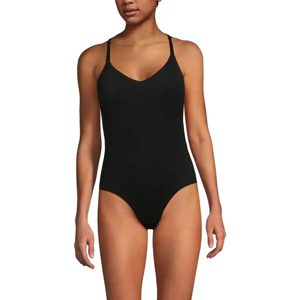 LANDS' END Tugless Quickdry V-neck High Leg One Piece Swimsuit - Black