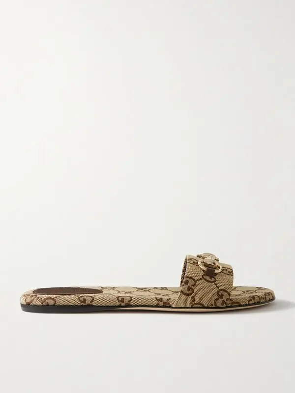 Gucci Siaga Horsebit Canvas Jacquard Slides - Brown