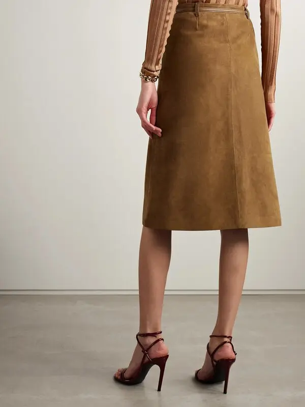 Gucci Horsebit-detailed Leather-trimmed Pleated Suede Midi Skirt