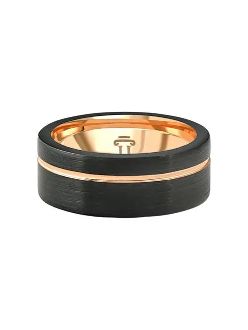 BLISS DIAMOND Brushed Ring With Rose Gold Plated Inlay Groove - Black Tungsten