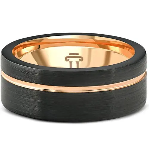BLISS DIAMOND Brushed Ring With Rose Gold Plated Inlay Groove - Black Tungsten