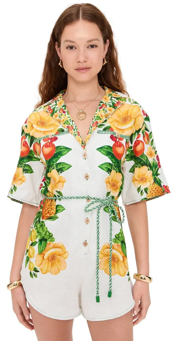 Farm Rio Picnic Flowers Buttoned Romper - Picnic Flowers Off White