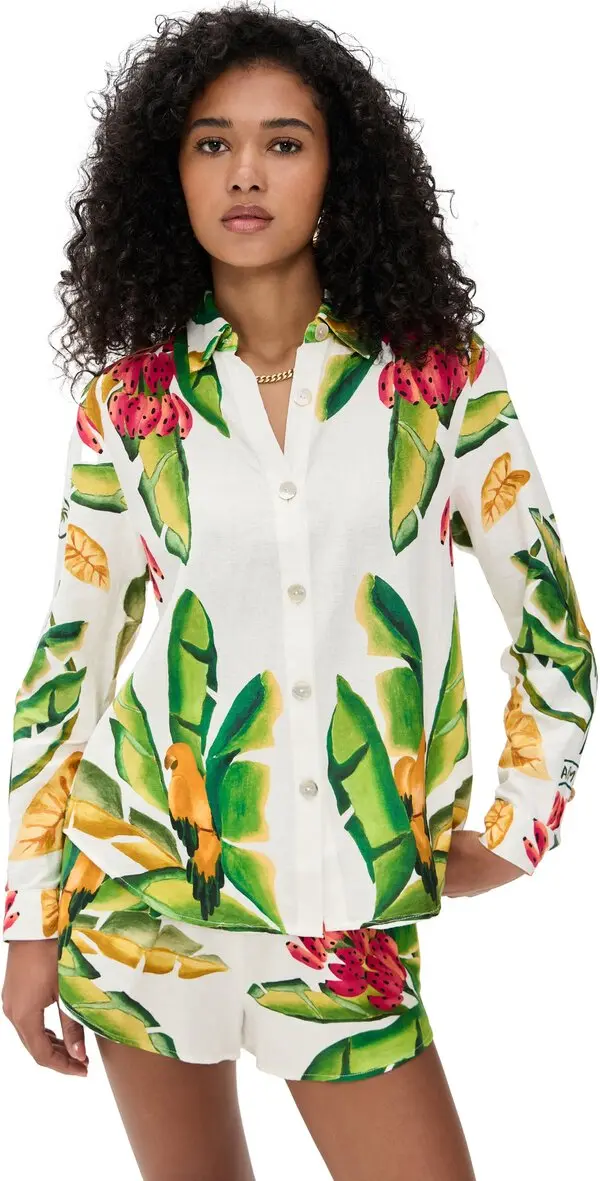 Farm Rio Tropical Print Linen Button-down Shirt - Off White Multi