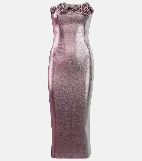 AREA Floral-appliqué Lamé Midi Dress - Pink