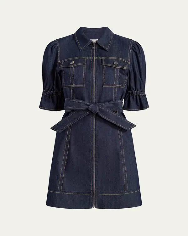 Cinq À Sept Holly Denim Mini Shirtdress With Puff Sleeves