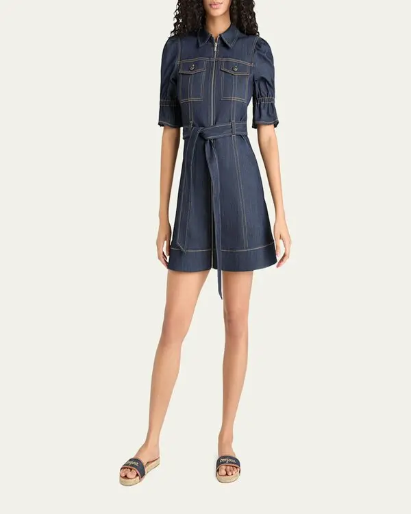 Cinq À Sept Holly Denim Mini Shirtdress With Puff Sleeves