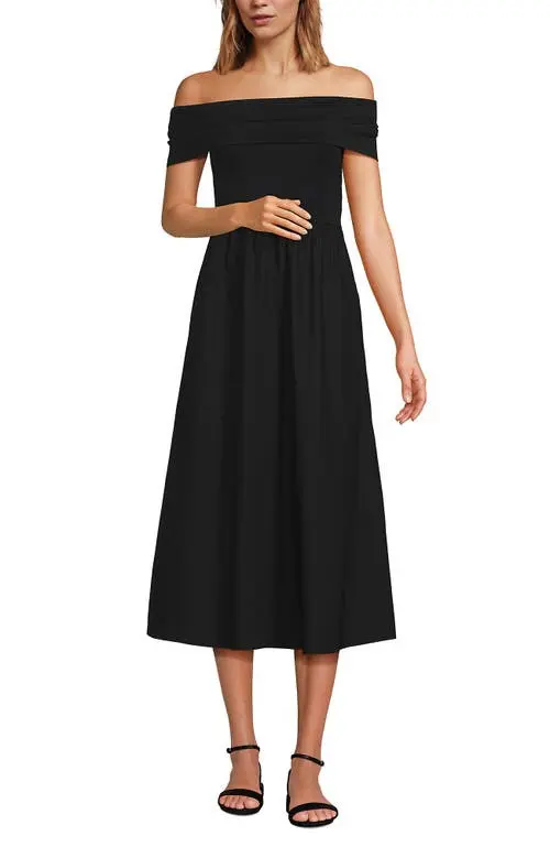 LANDS' END Off-the-shoulder Mixed Media Midi Dress - Black