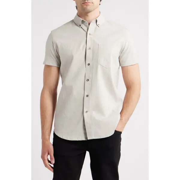 W.R.K Reworked Slim Fit Solid Short Sleeve Cotton Button-down Shirt - Taupe