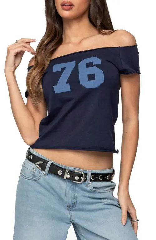 EDIKTED Off The Shoulder Cotton Graphic T-shirt