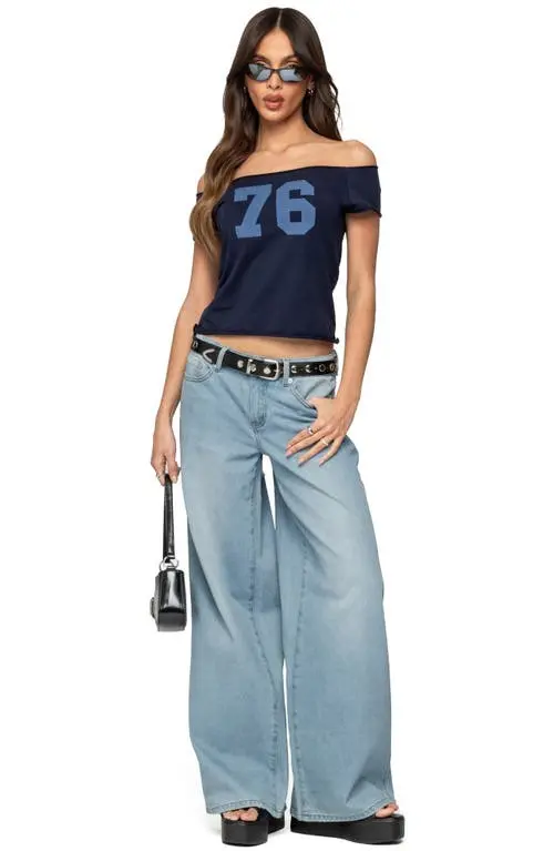 EDIKTED Off The Shoulder Cotton Graphic T-shirt