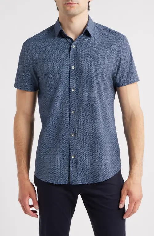 W.R.K Trim Fit Hexagon Print Short Sleeve Performance Button-up Shirt - Navy