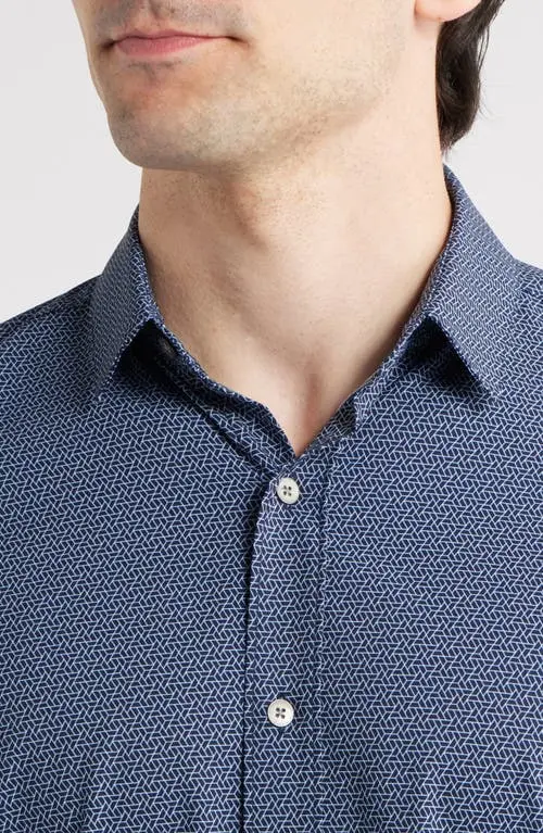 W.R.K Trim Fit Hexagon Print Short Sleeve Performance Button-up Shirt - Navy