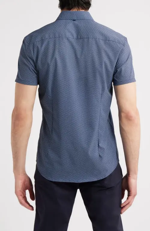 W.R.K Trim Fit Hexagon Print Short Sleeve Performance Button-up Shirt - Navy